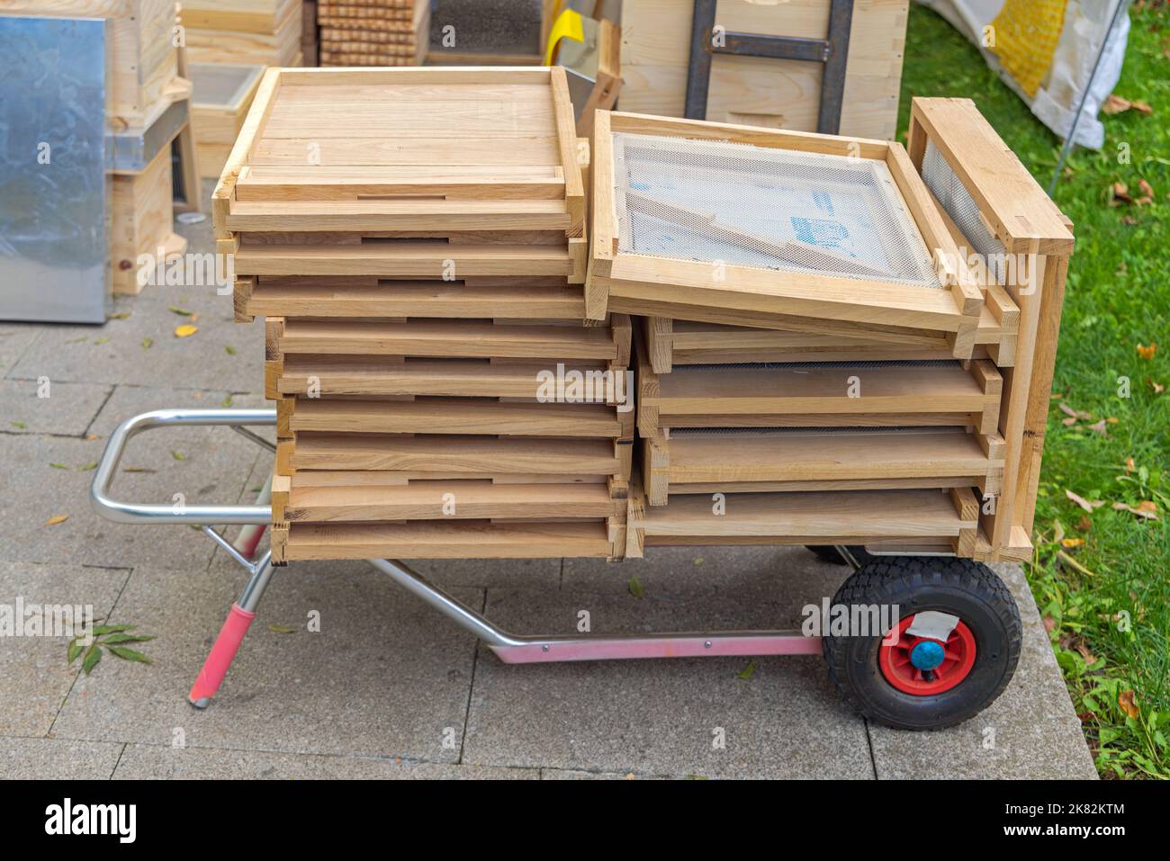 New Hive Honey Wooden Frames at Hand Cart Delivery Stock Photo - Alamy