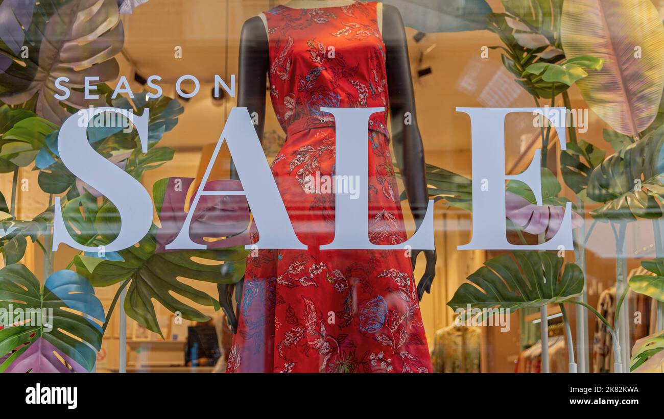 White Letters Seasonal Sale Sign at Fashion Clothing Shop Window Stock ...