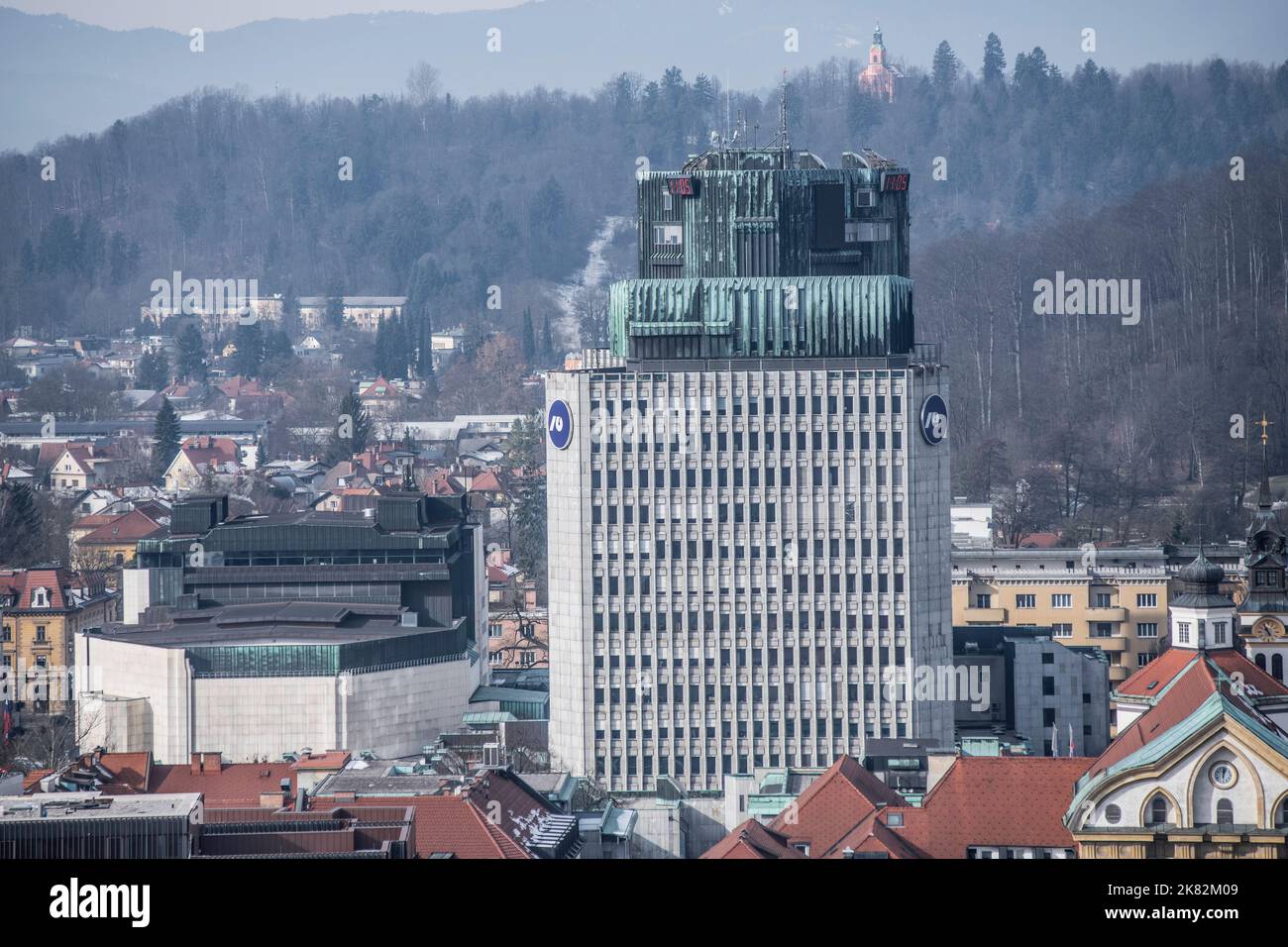Ljubljana: Panoramic view of the city center, with the Nova Ljubljanska ...