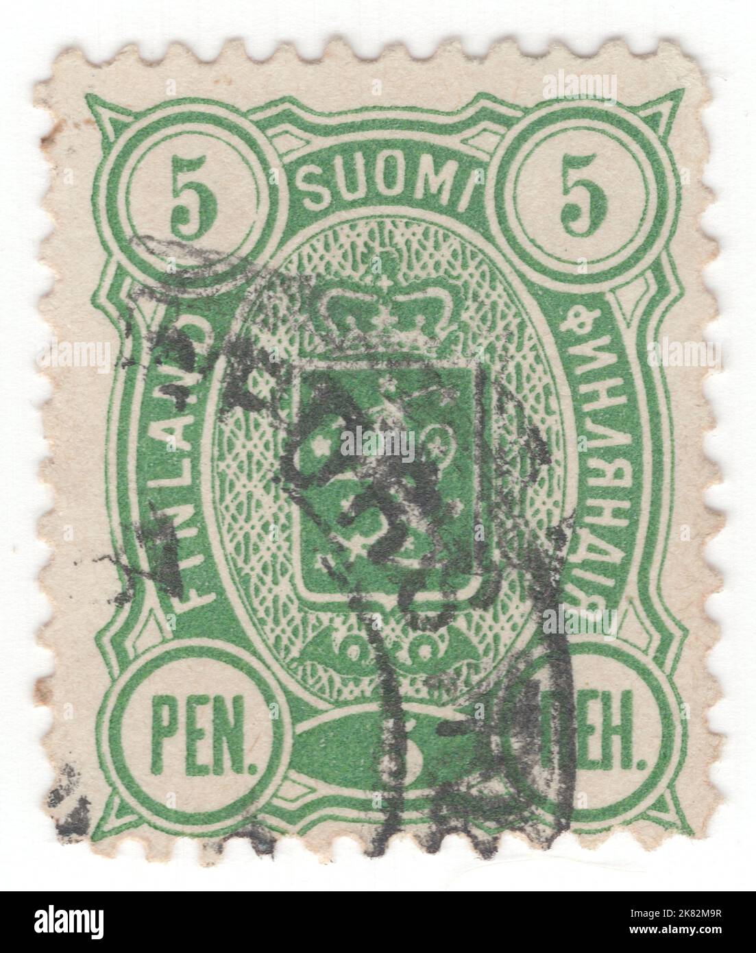 FINLAND - 1890: An 5 penni green postage stamp depicting Coat of Arms ...