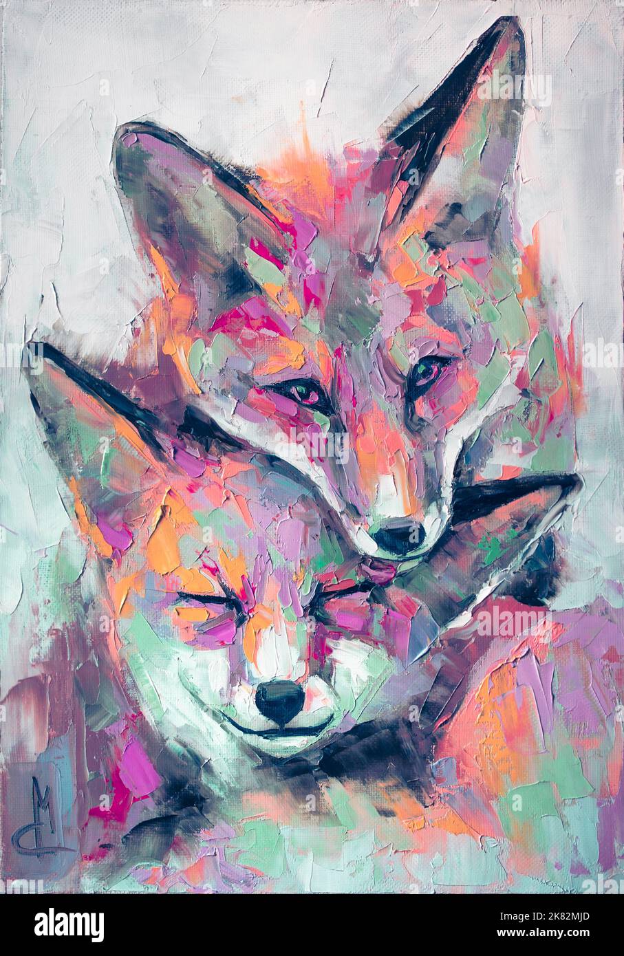 Oil fox portrait painting in multicolored tones. Conceptual abstract ...