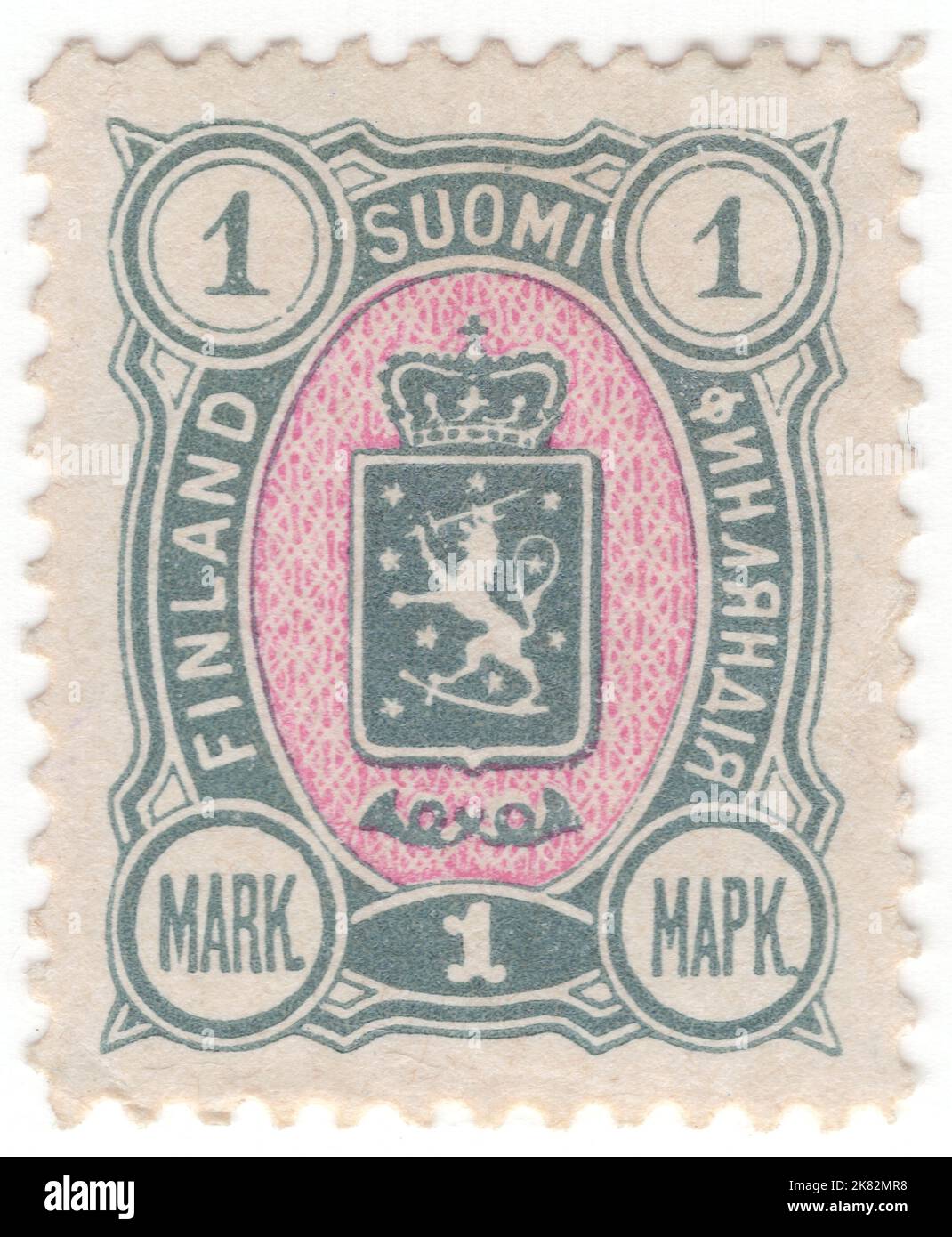 FINLAND - 1891: An 1 mark slate and rose postage stamp depicting Coat ...