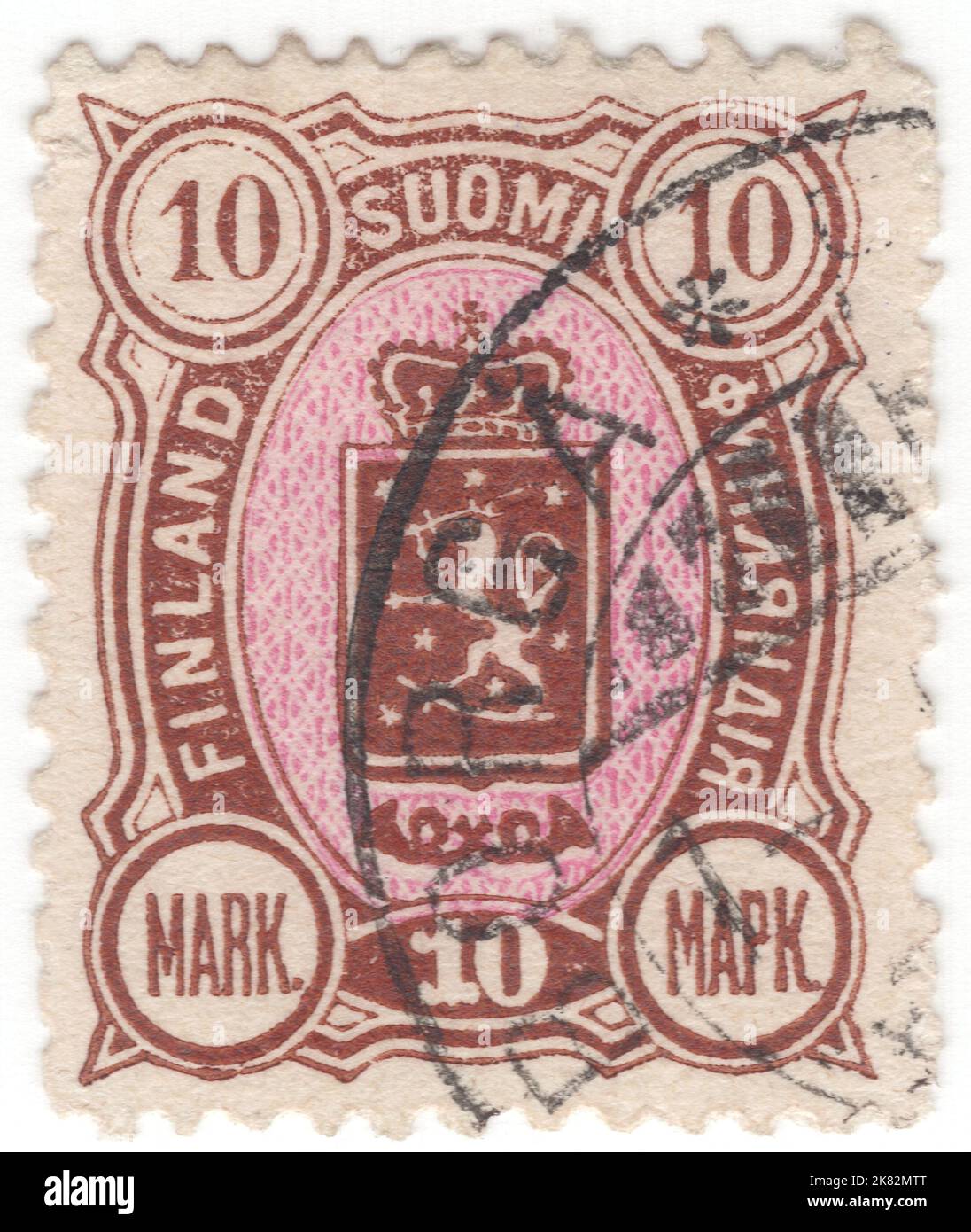 FINLAND - 1890: An 10 mark brown and rose postage stamp depicting Coat ...