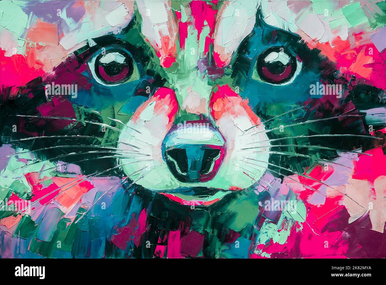 Oil raccoon portrait painting in multicolored tones. Conceptual ...