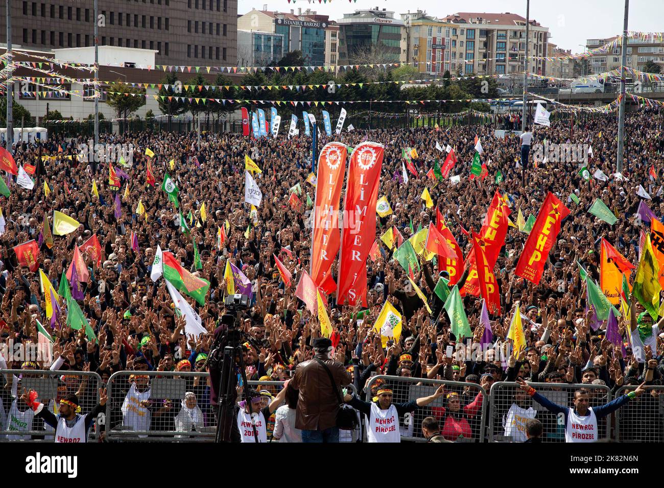 Hundreds of people seen at Bakirkoy Square with flags and banners ...