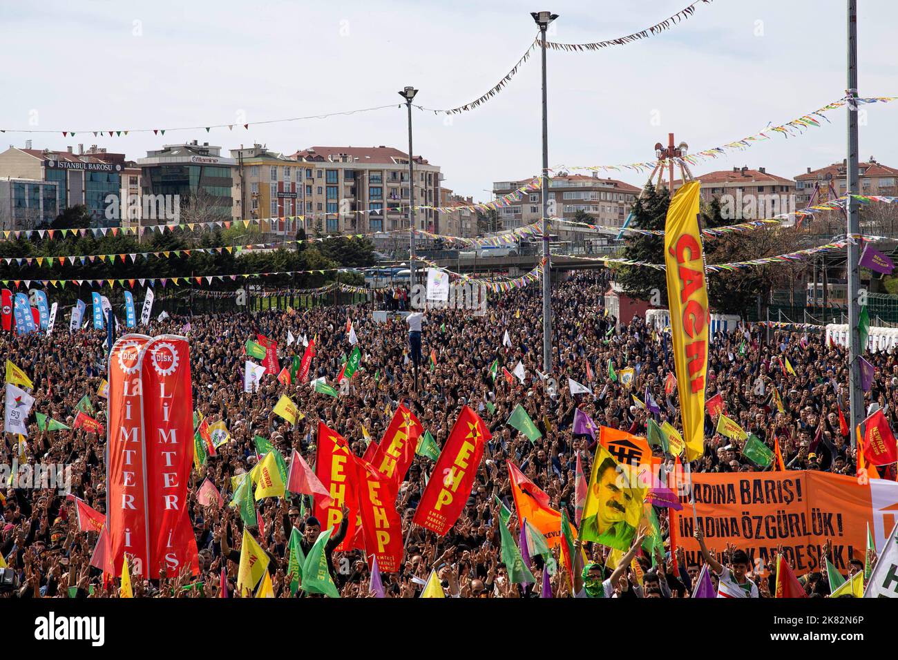 Hundreds of people seen at Bakirkoy Square with flags and banners ...