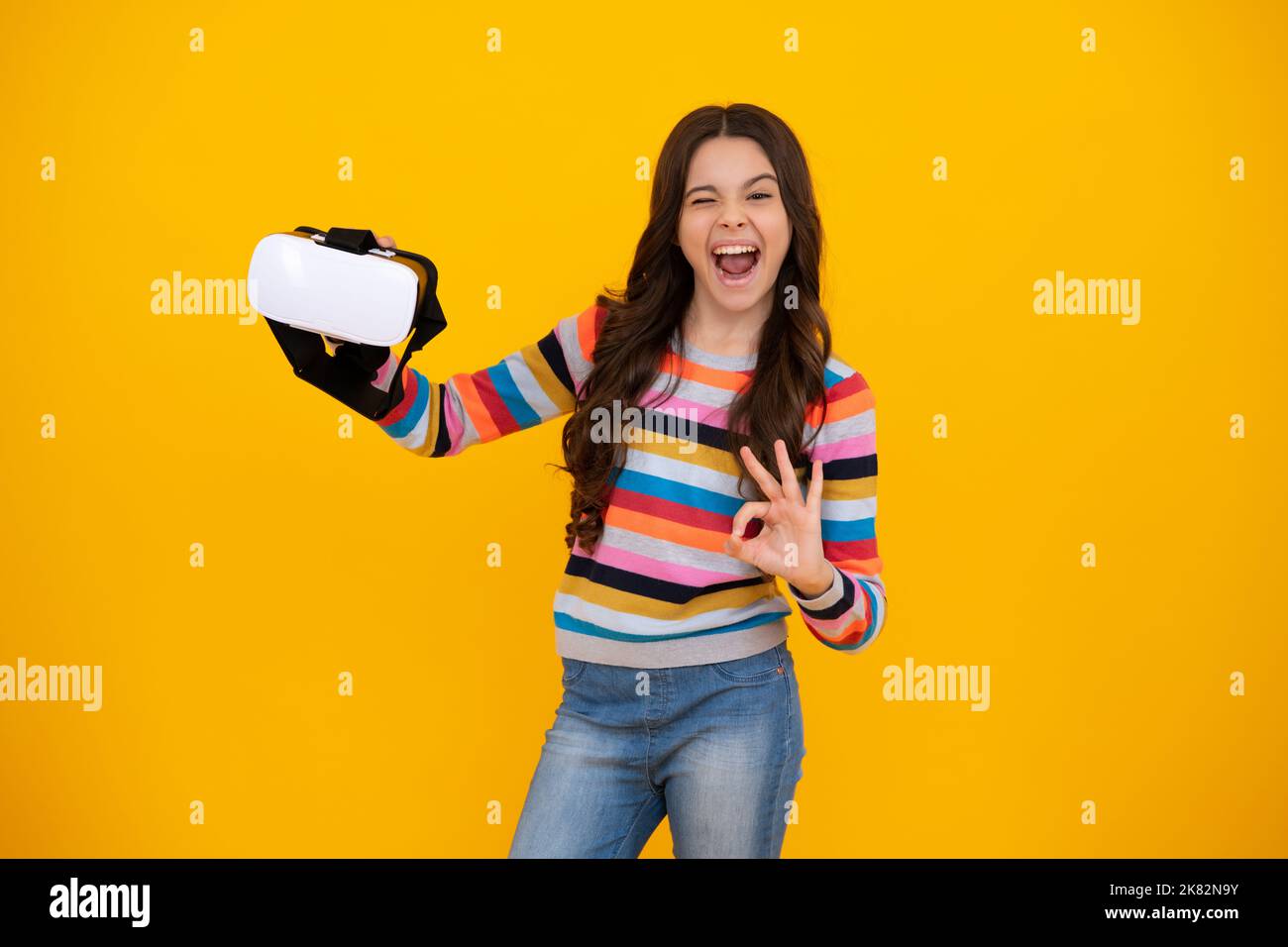 Virtual gadgets for kids, free time and study. Teenage girl uses vr ...