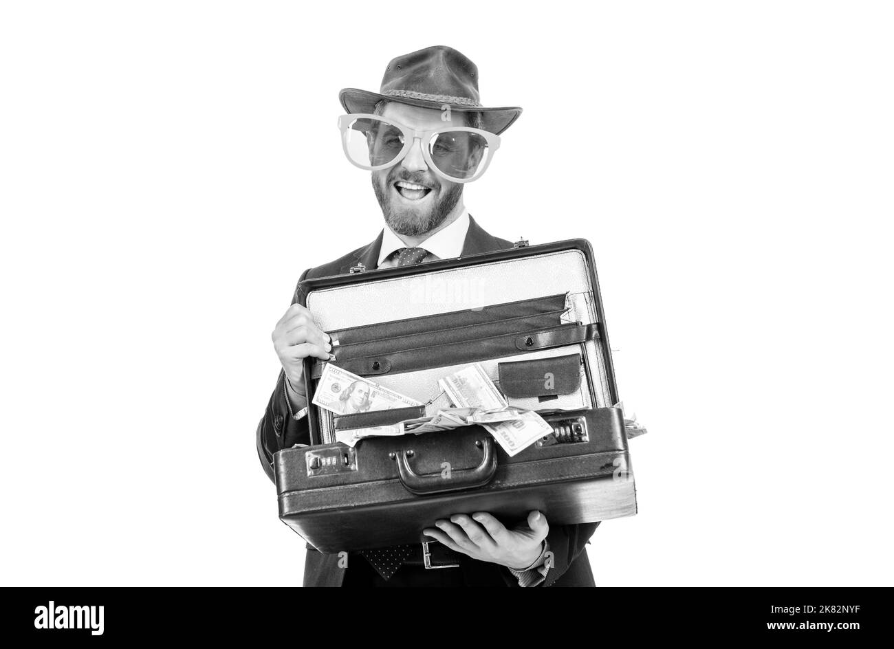 Become a millionaire. Happy banker hold suitcase with money ...