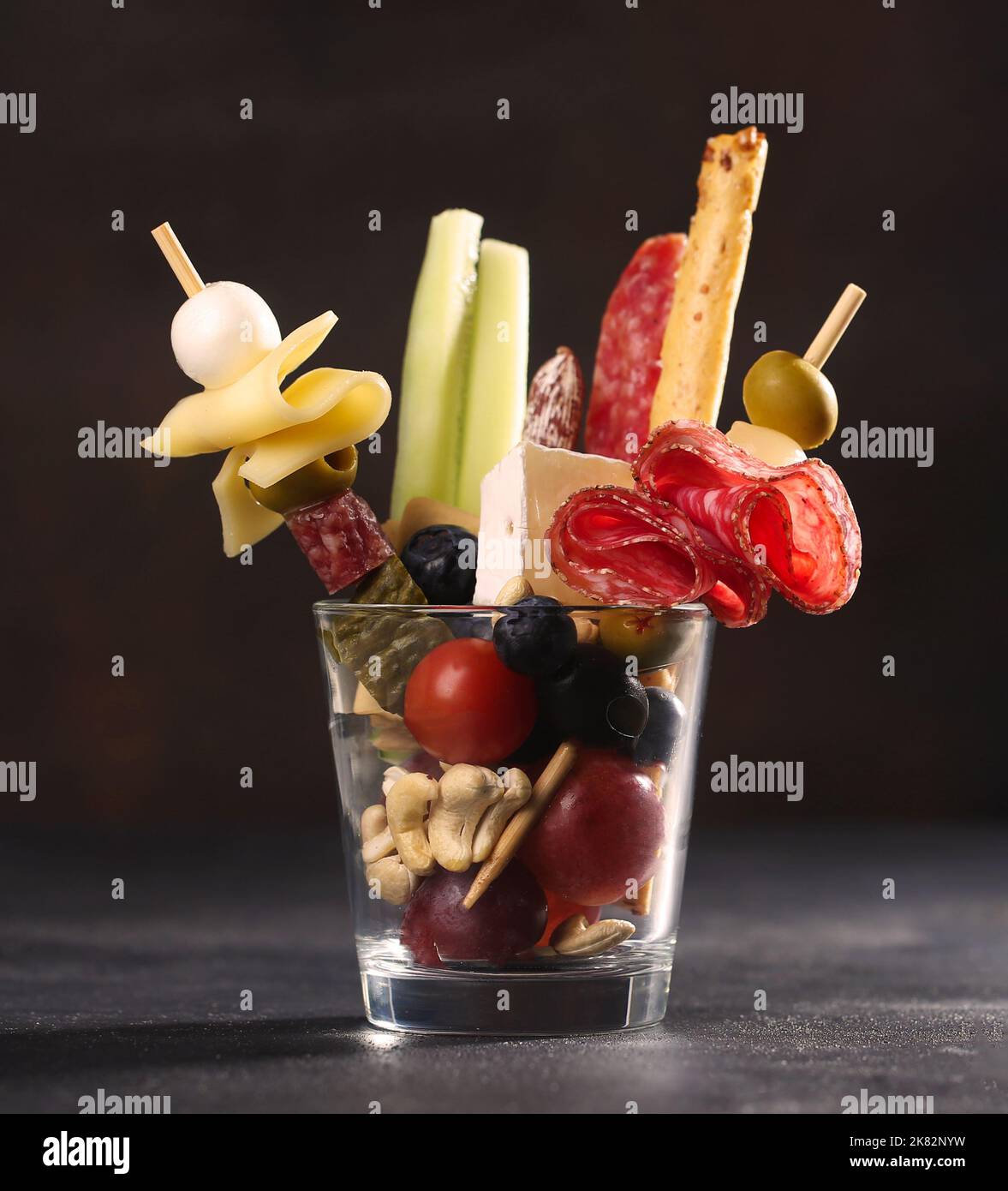 Jarcuterie in a glass, the modern version of charcuterie with various ...
