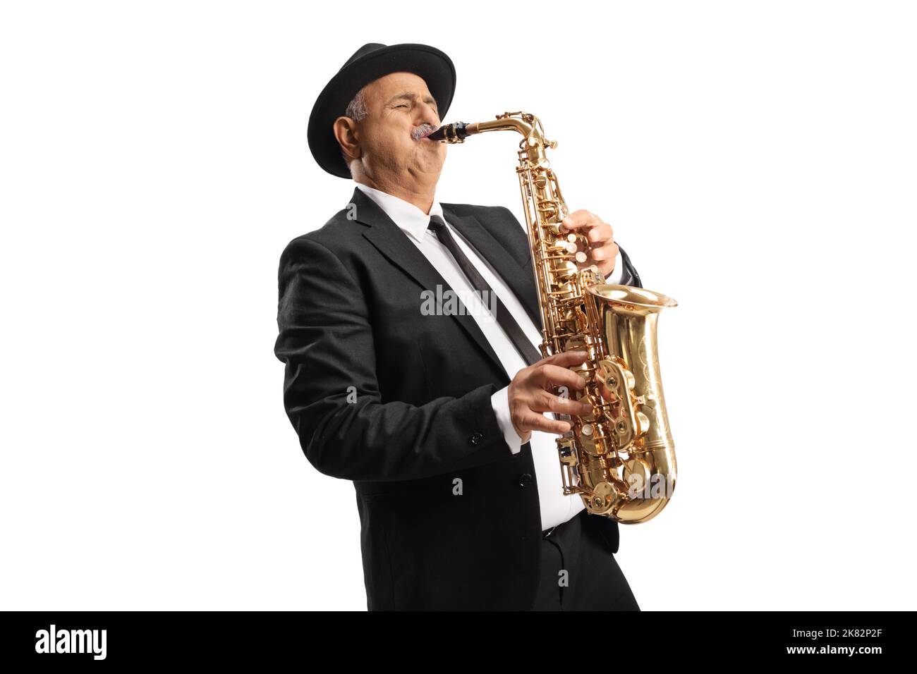 Mature male sax player performing isolated on white background Stock ...