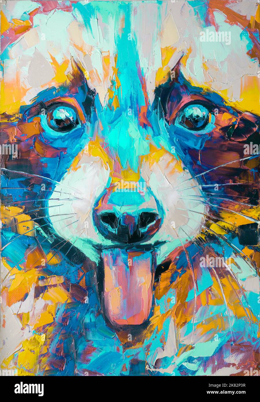 Oil raccoon portrait painting in multicolored tones. Conceptual ...