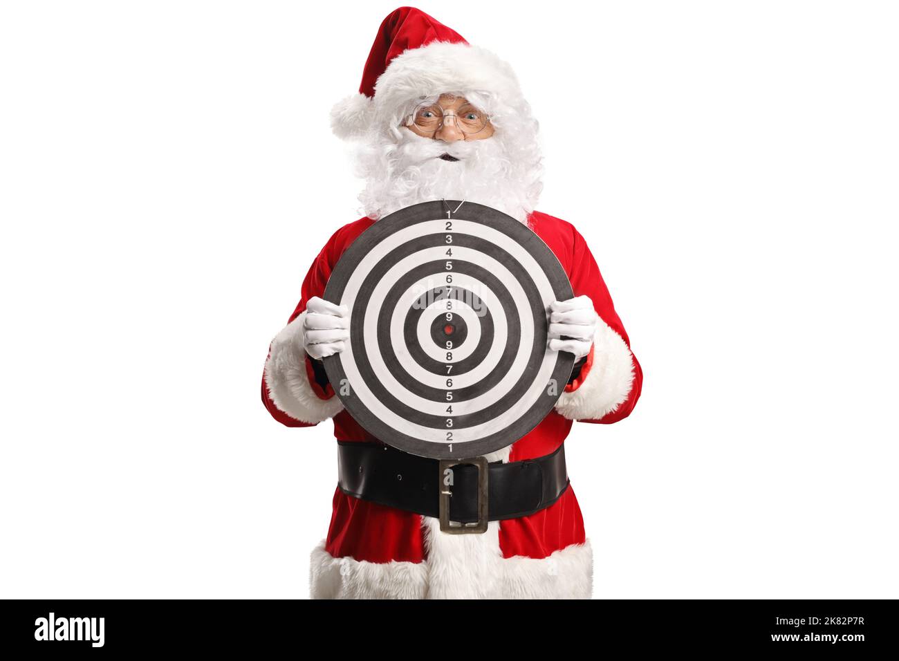 Santa claus holding a dart target board isolated on white background ...