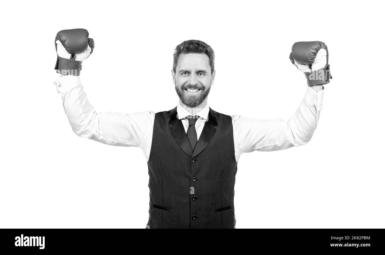 happy guy in boxing gloves and formalwear celebrate success isolated on ...