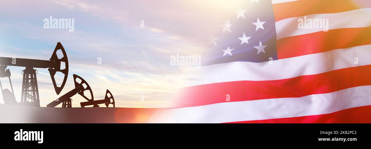 Flag of America and oil rig. Oil in USA. Oil field discovery Stock ...