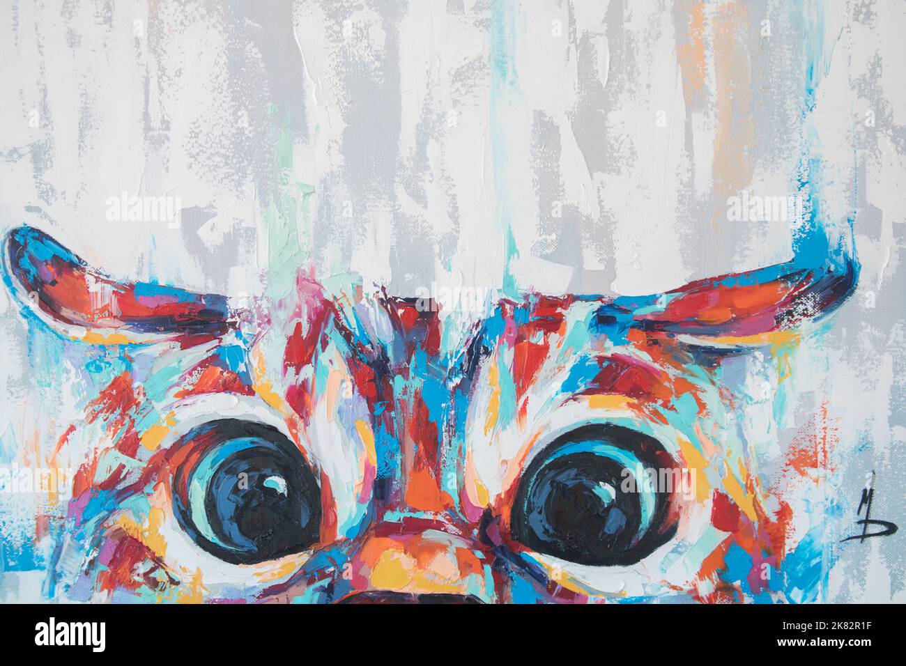 Oil cat portrait painting in multicolored tones. Conceptual abstract ...