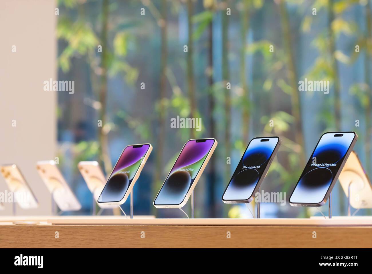 iPhone 14 lineup (14 Plus, 14 pro and 14 Pro Max) on display inside Apple store in Marunouchi ...