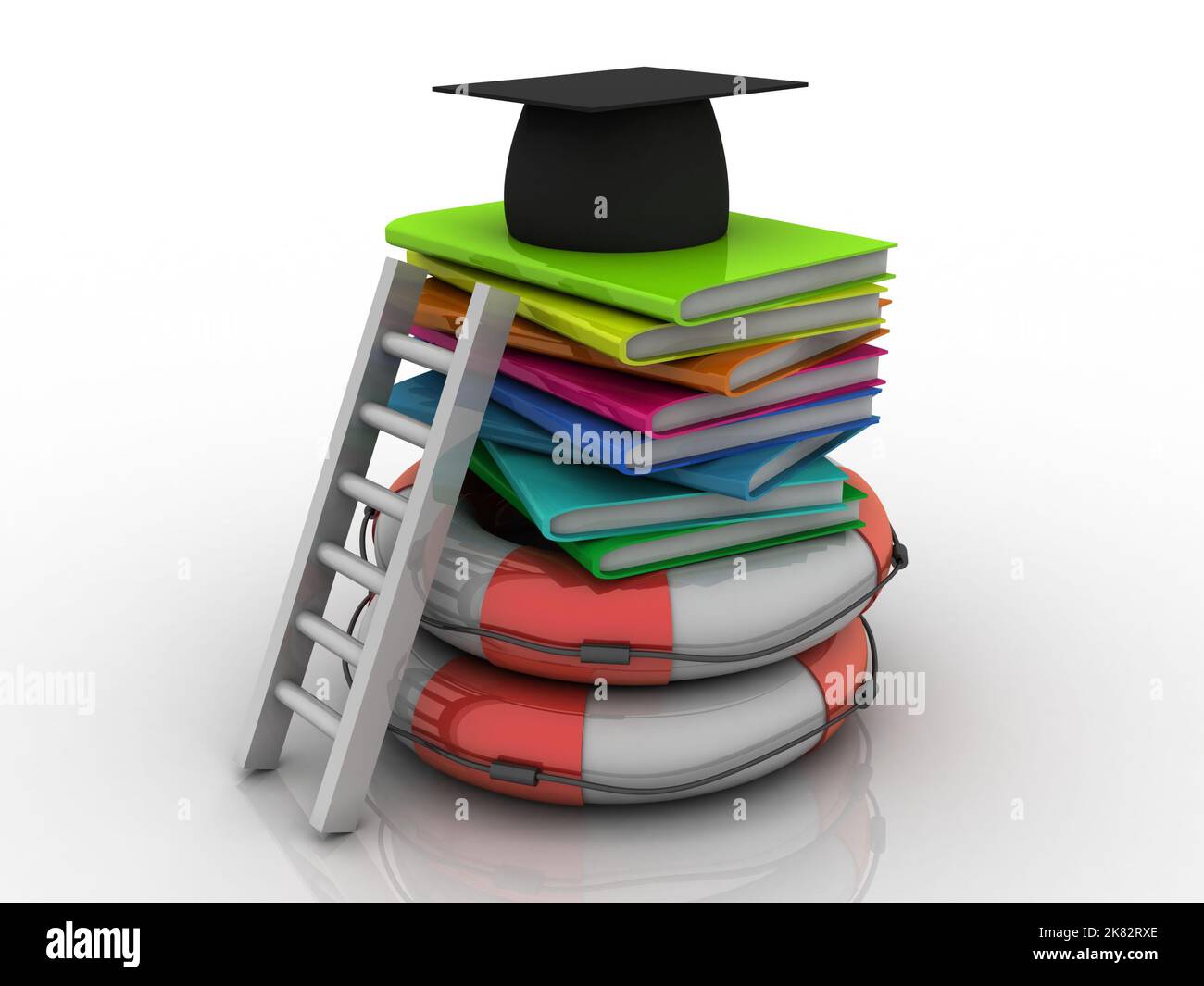 3d rendering cap on books with lifebelt Stock Photo - Alamy