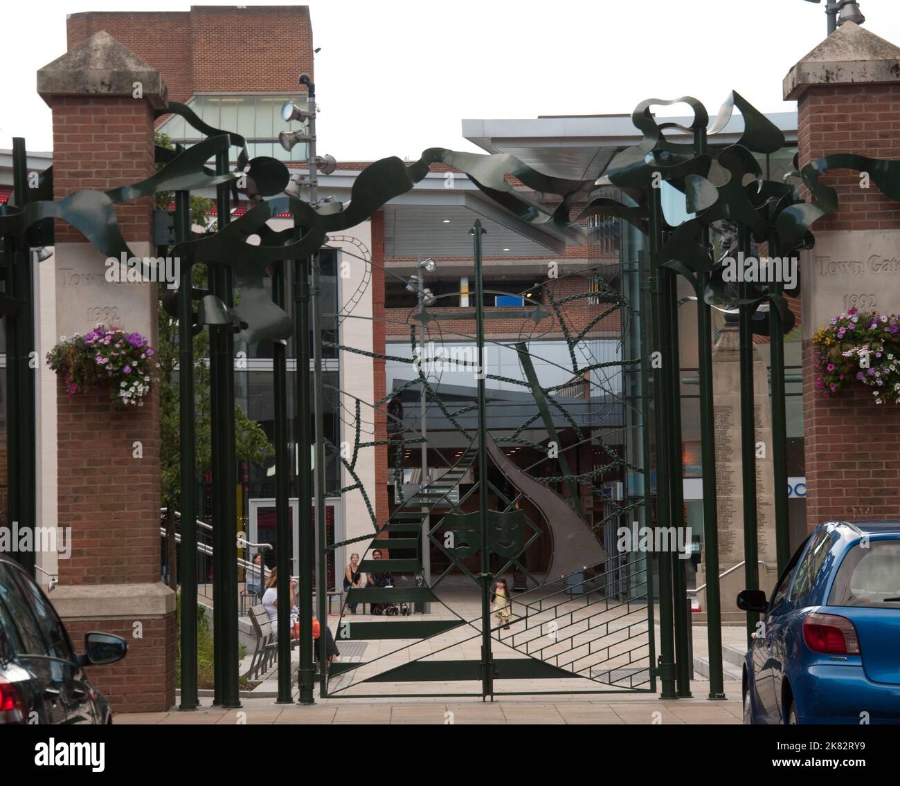 Entrance to Town Square, Woking, Surrey, UK. Gates on Town Square ...
