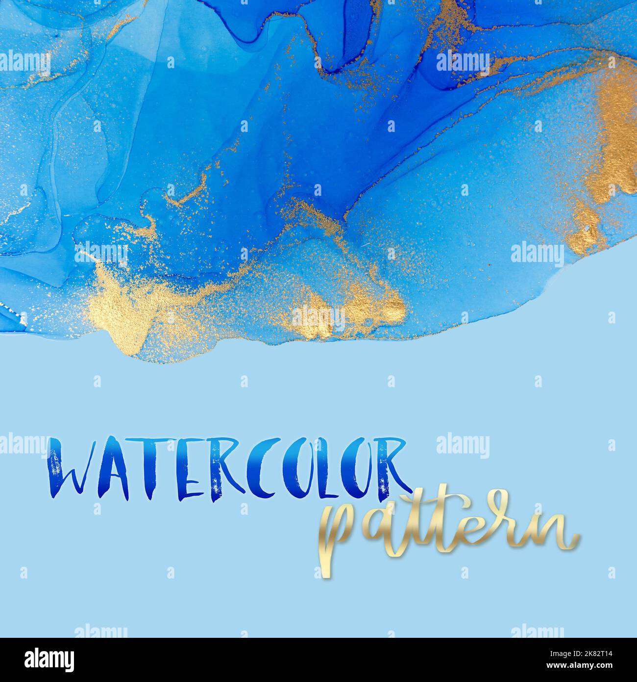 Abstract blue watercolor pattern with drops, blobs and golden parts ...