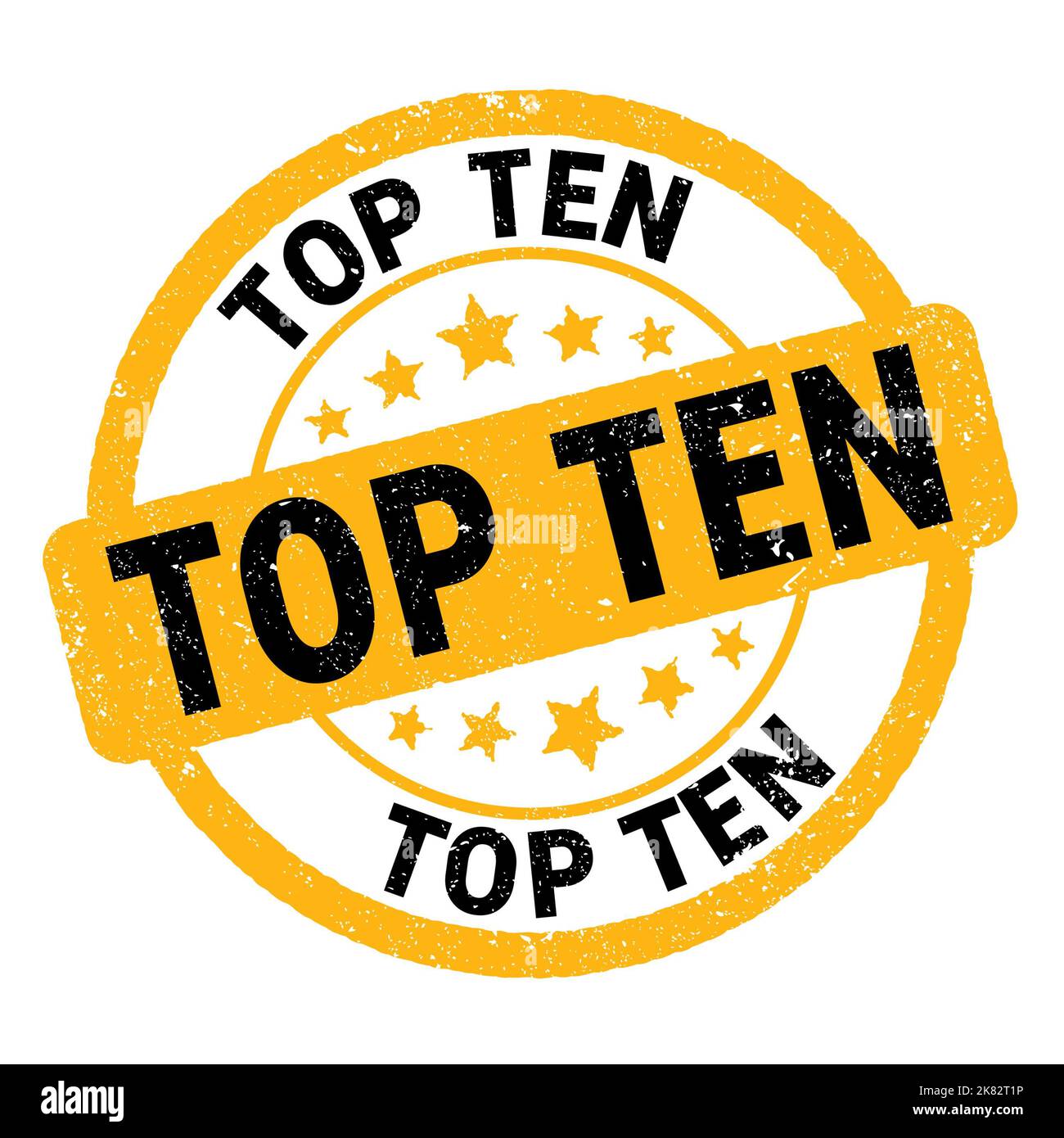 TOP TEN text written on yellow-black grungy stamp sign Stock Photo - Alamy