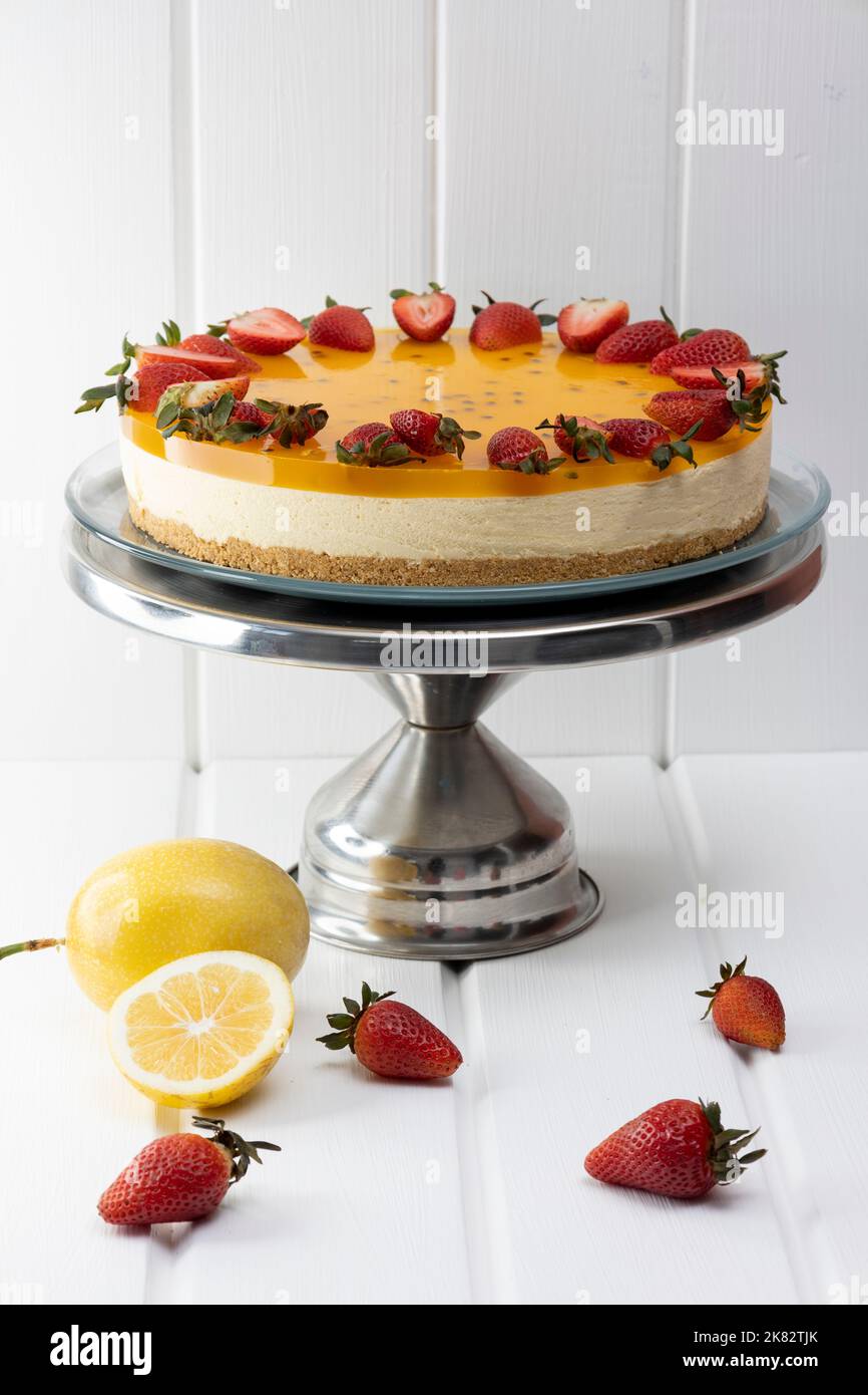 beautiful cheesecake with a circular shape on a base, pastry with ...