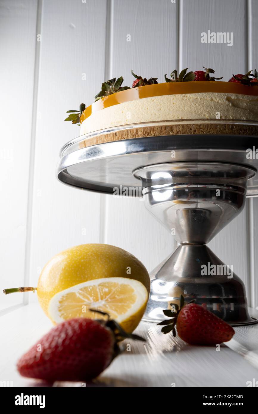 exquisite cake with cream and fruits, pastry with texture details ...