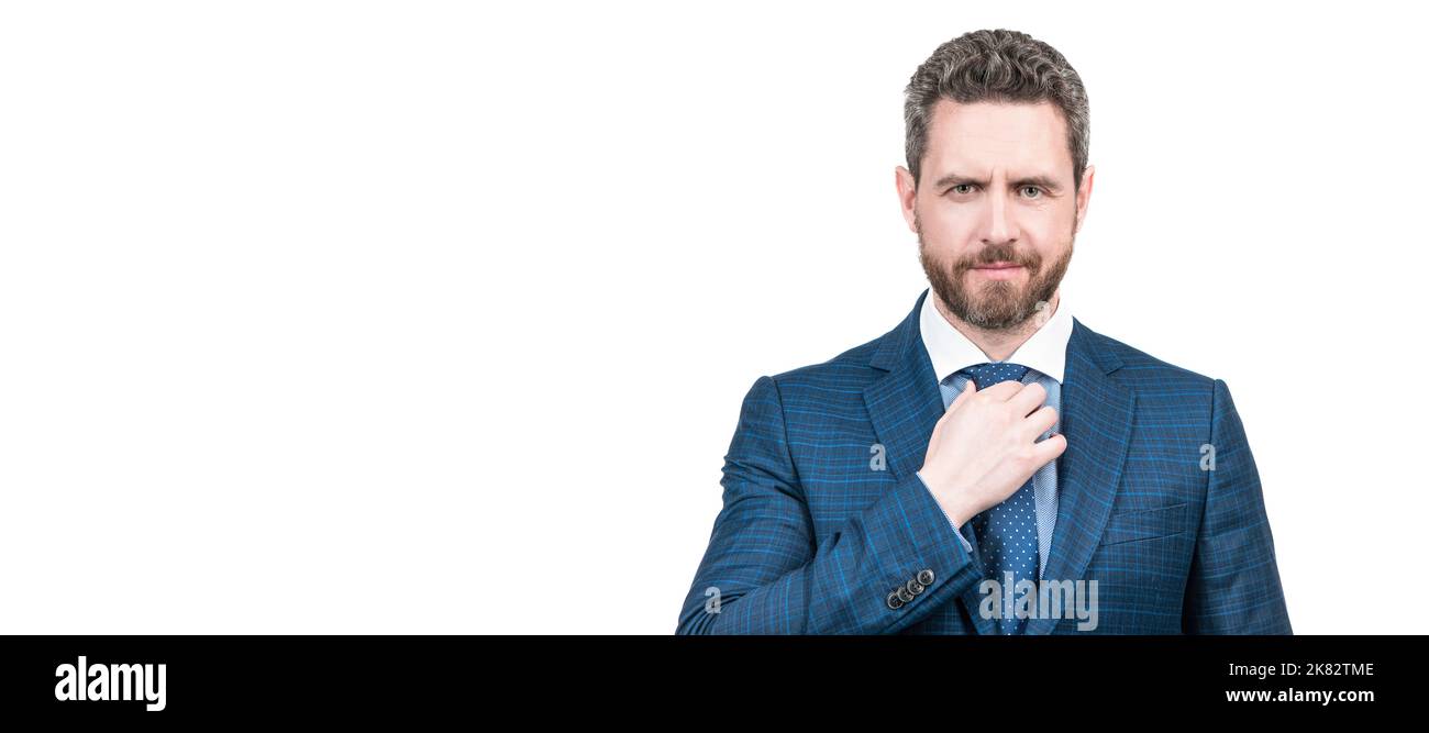 Middle-aged manager fix necktie wearing elegant blue suit in formal ...