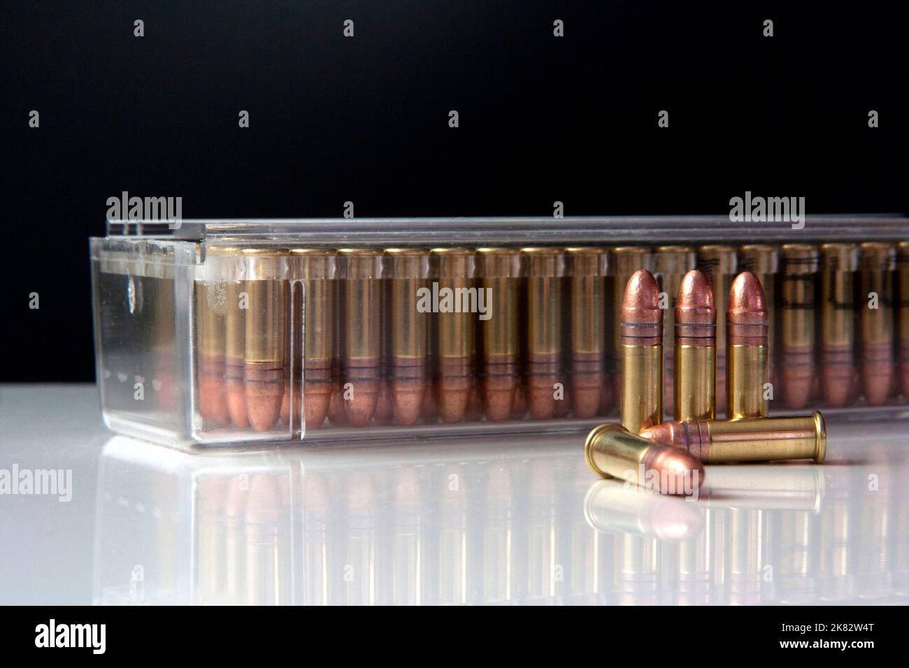 Closeup of a box of .22 high velocity weapon ammunition with bullets in ...