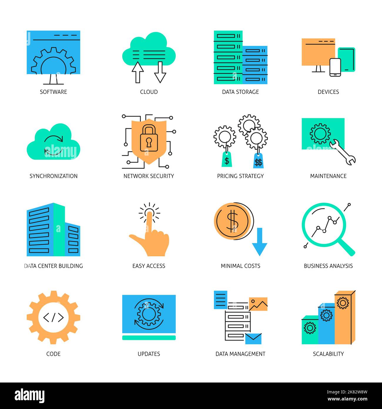 Software development and update icon set in colored line style. Vector ...