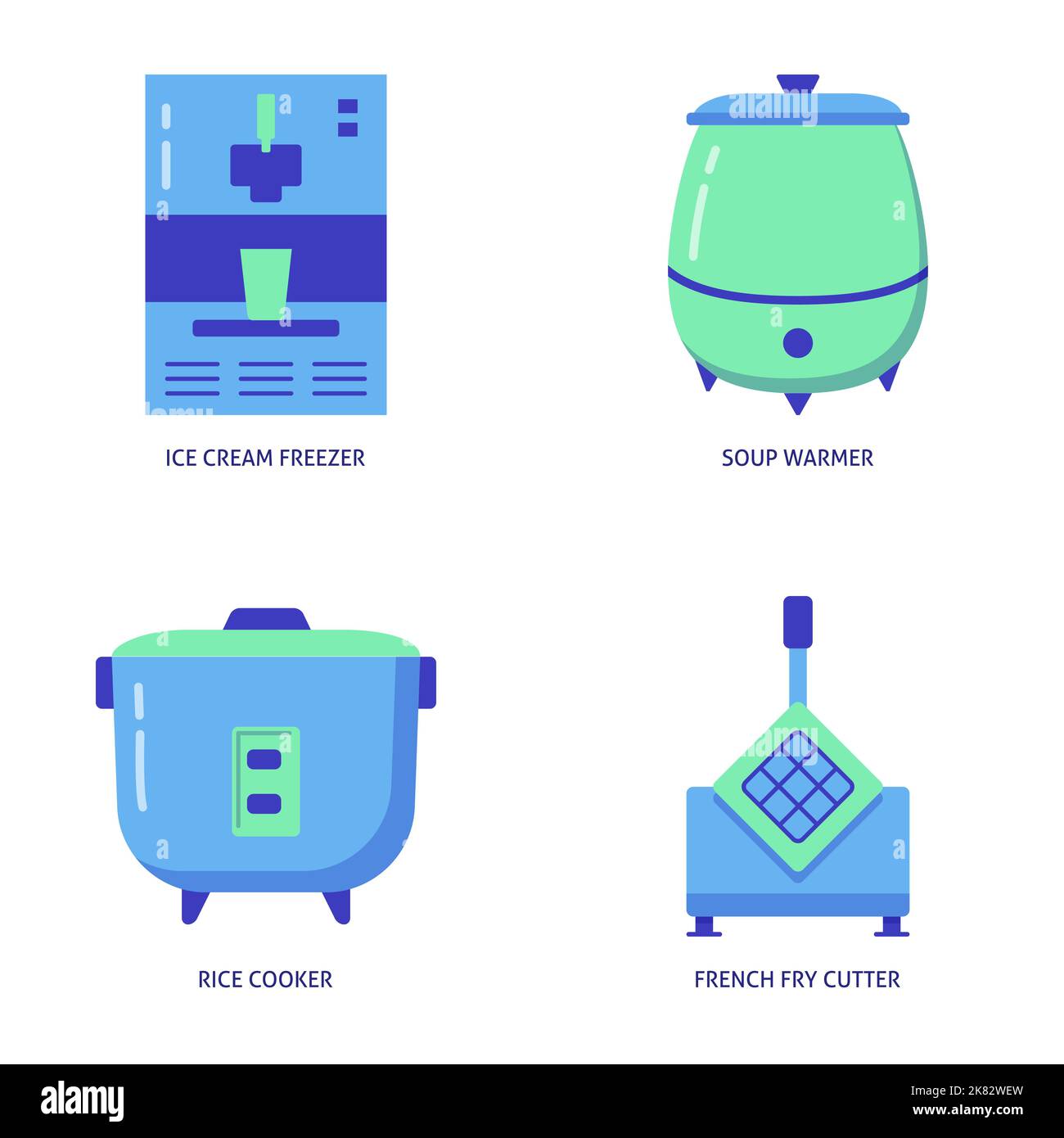 Kitchen equipment icon set in flat style. Ice cream freezer, french fry ...