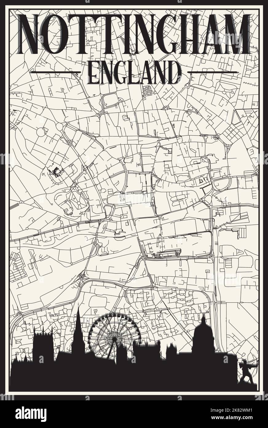 White vintage hand-drawn printout streets network map of the downtown ...