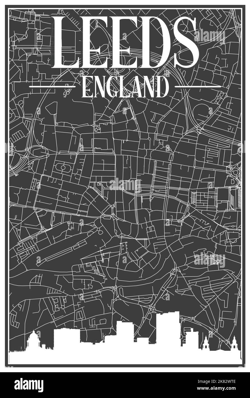 Black vintage hand-drawn printout streets network map of the downtown ...
