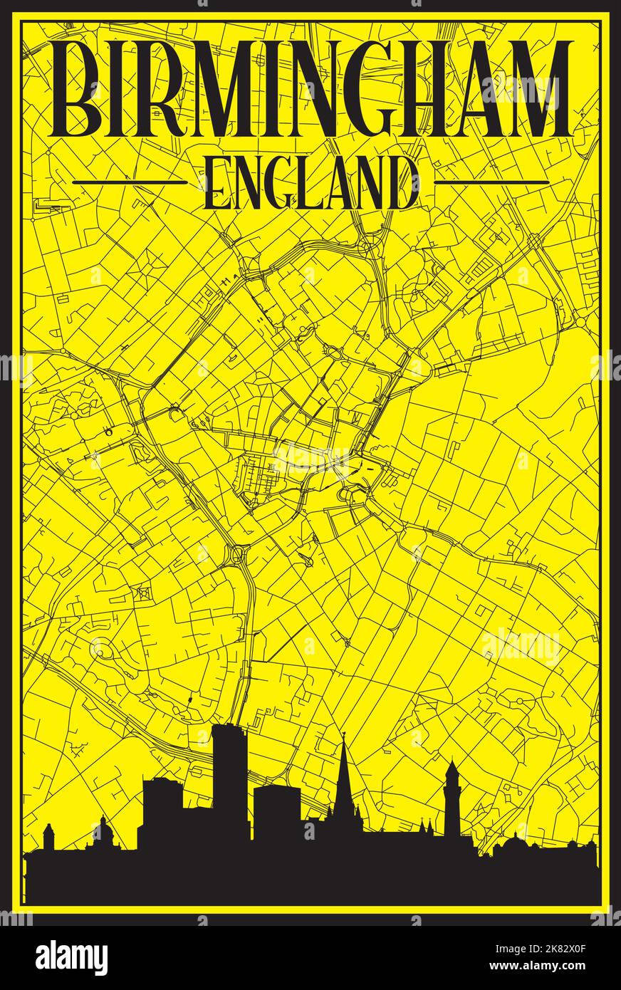 Yellow vintage hand-drawn printout streets network map of the downtown ...