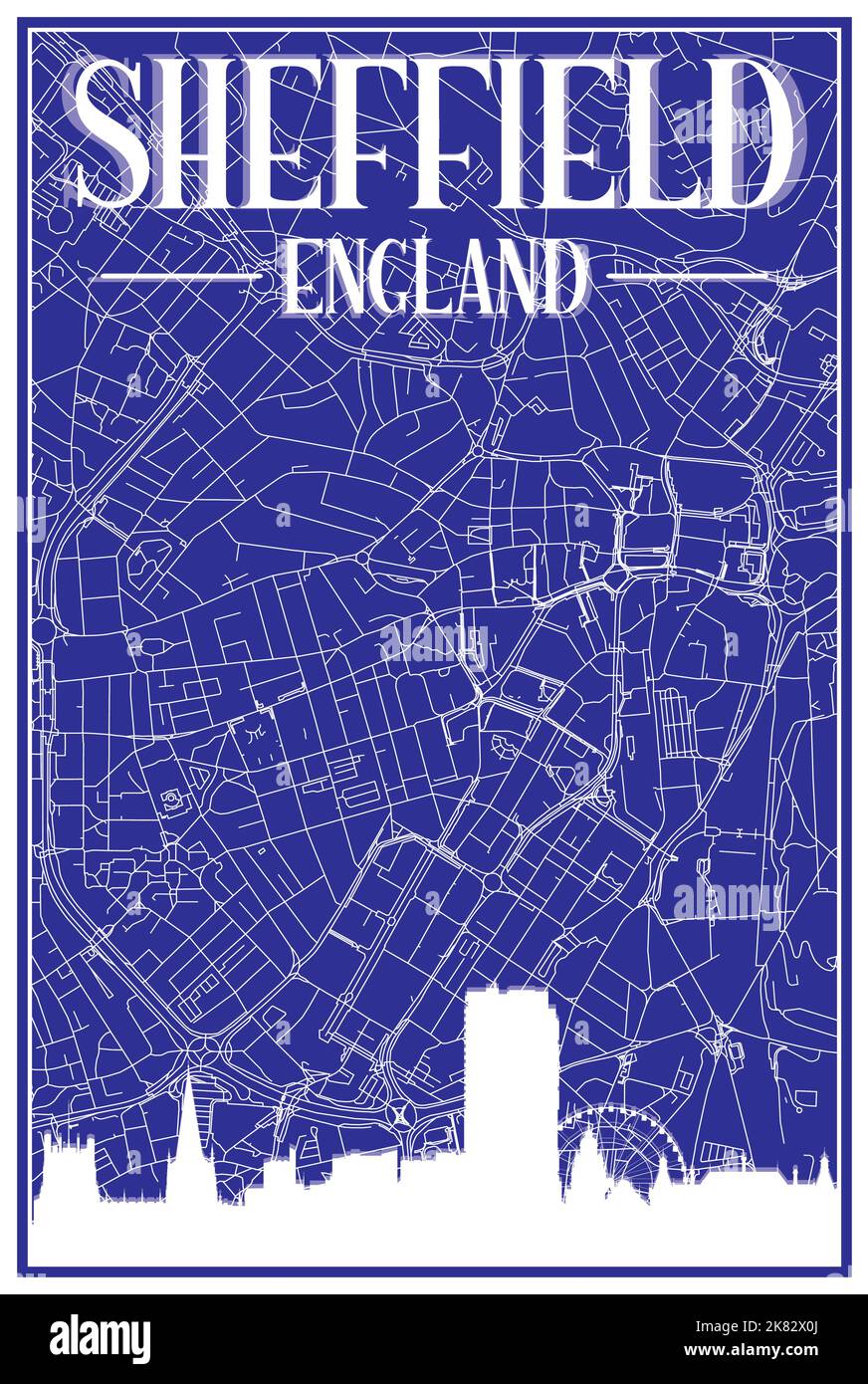 Blue vintage hand-drawn printout streets network map of the downtown ...
