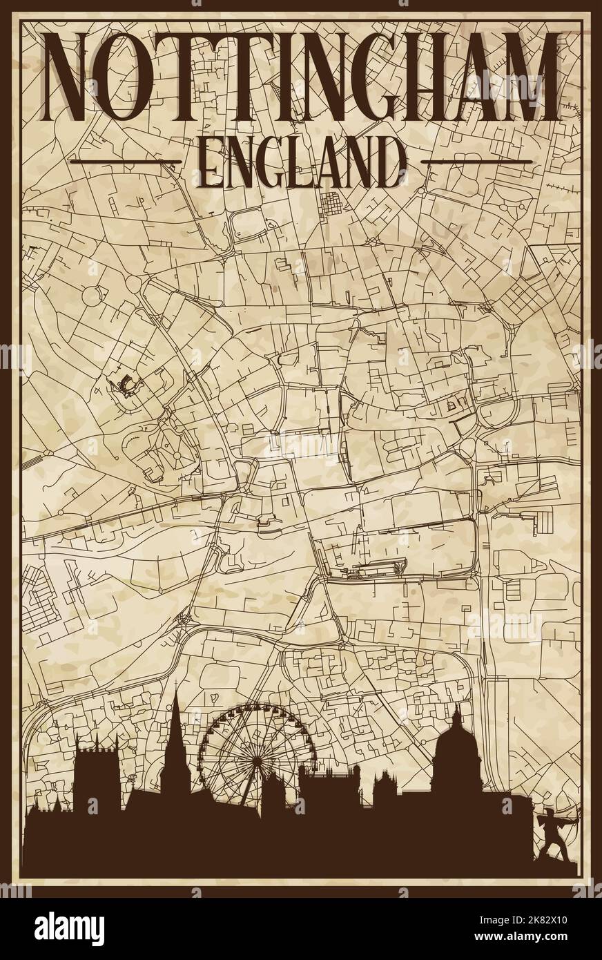 Brown vintage hand-drawn printout streets network map of the downtown ...