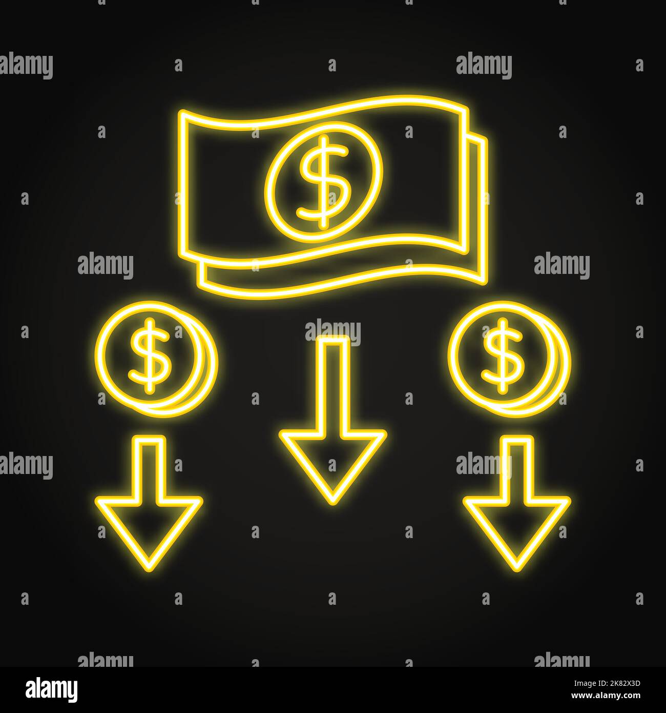 Deflation neon icon in line style. Recession downfall, economic crisis. Dollar bills and coins ...