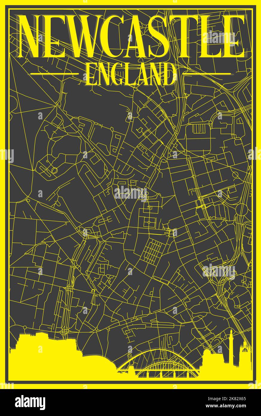 Black and yellow vintage hand-drawn printout streets network map of the ...