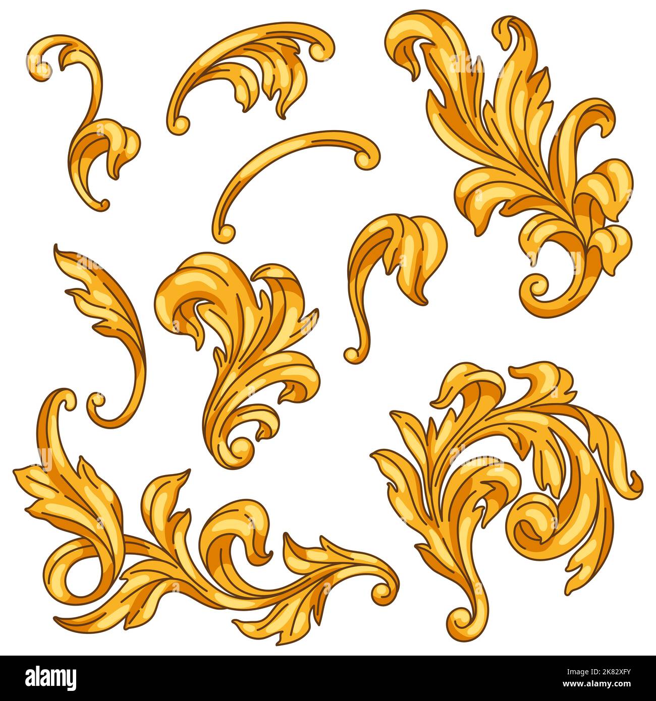 Decorative set of floral elements in baroque style. Golden curling ...