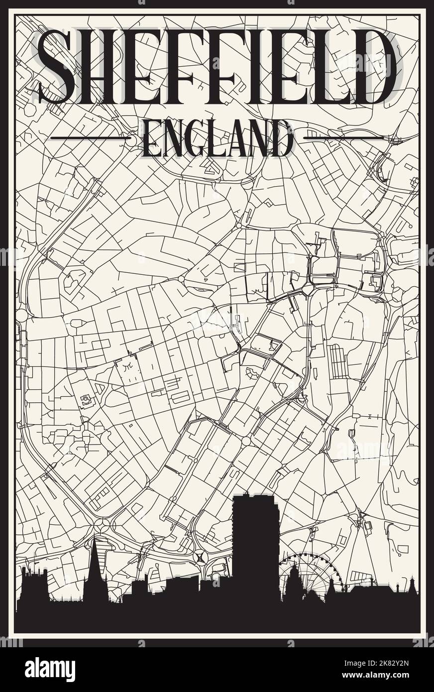 White vintage hand-drawn printout streets network map of the downtown ...