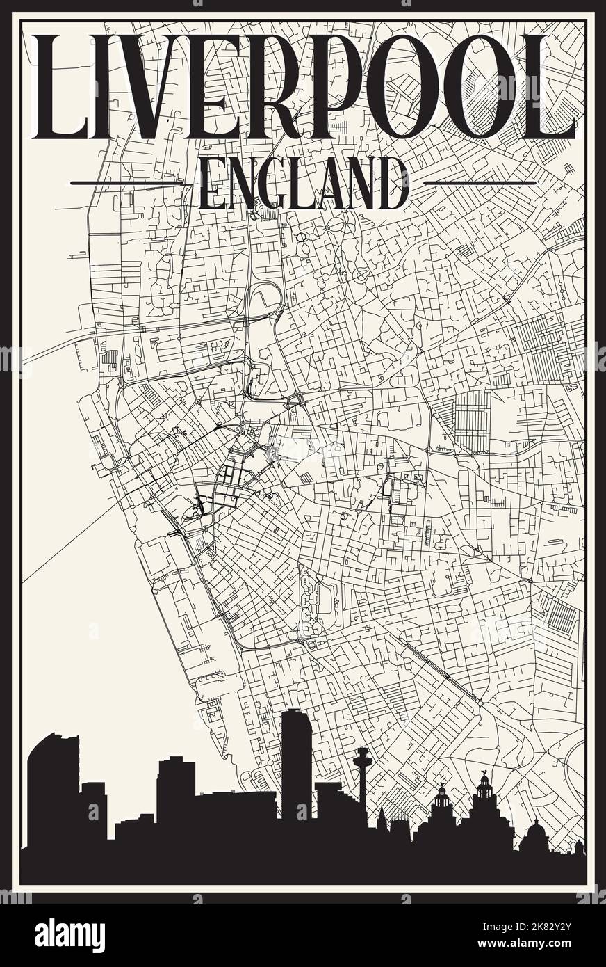 White vintage hand-drawn printout streets network map of the downtown ...
