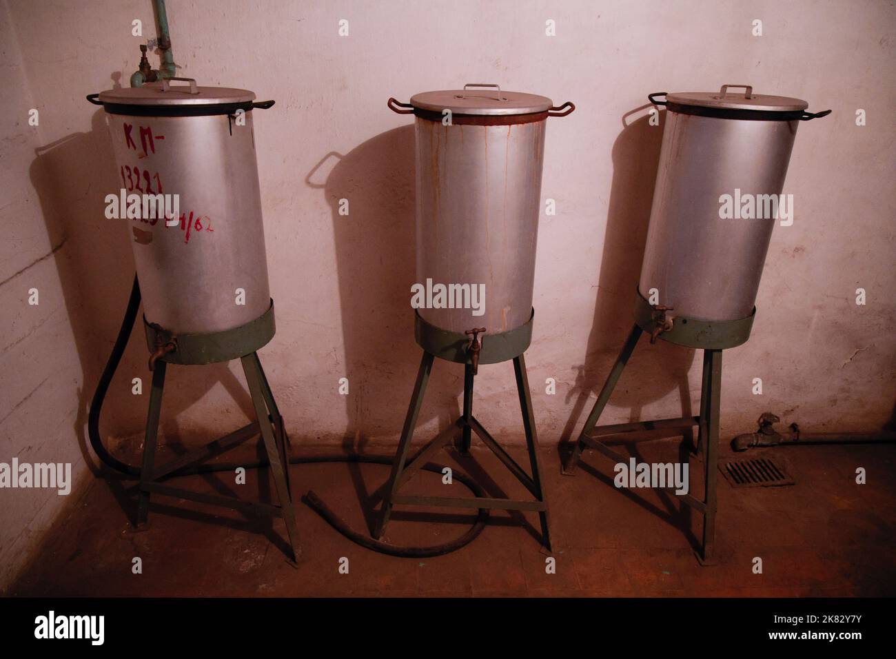 Liquid dispensers are seen in a disused bomb shelter in Warsaw, Poland ...