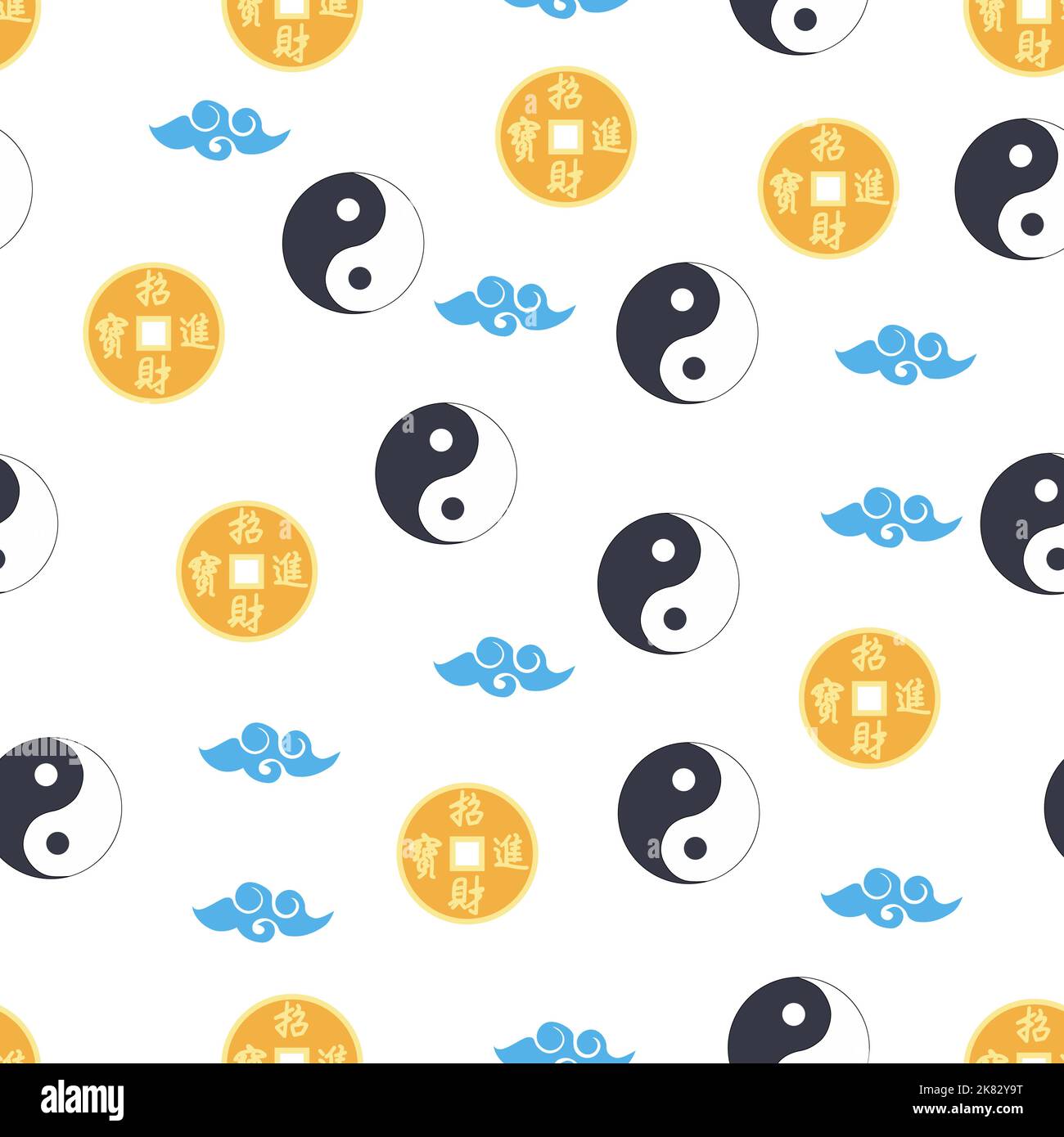 Chinese seamless pattern with feng shui chinese coin with hole, yin ...