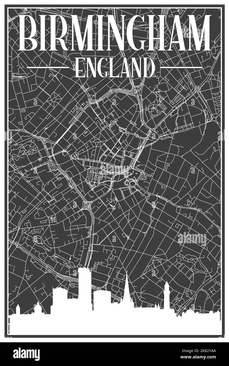 Black vintage hand-drawn printout streets network map of the downtown ...