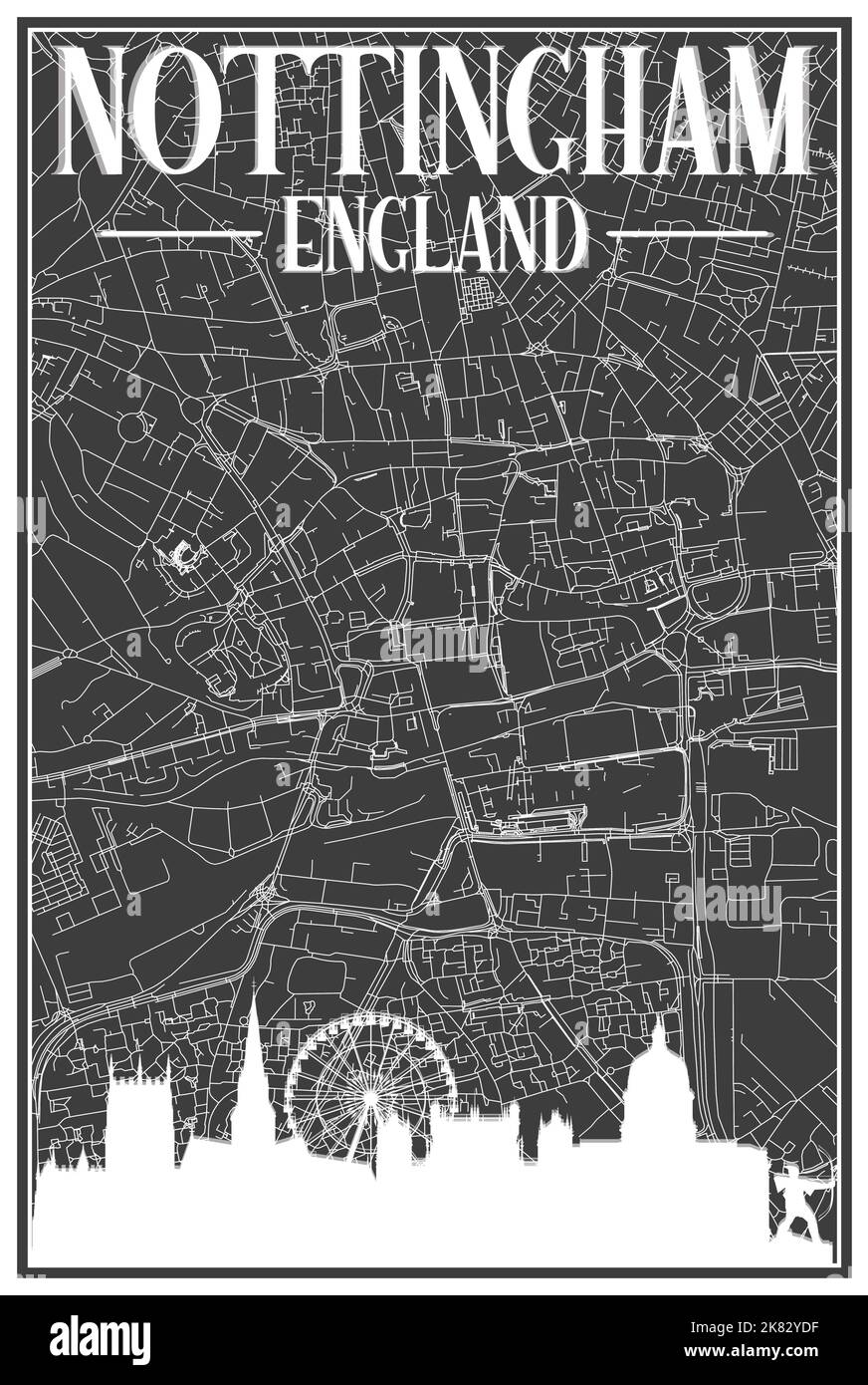 Black vintage hand-drawn printout streets network map of the downtown ...