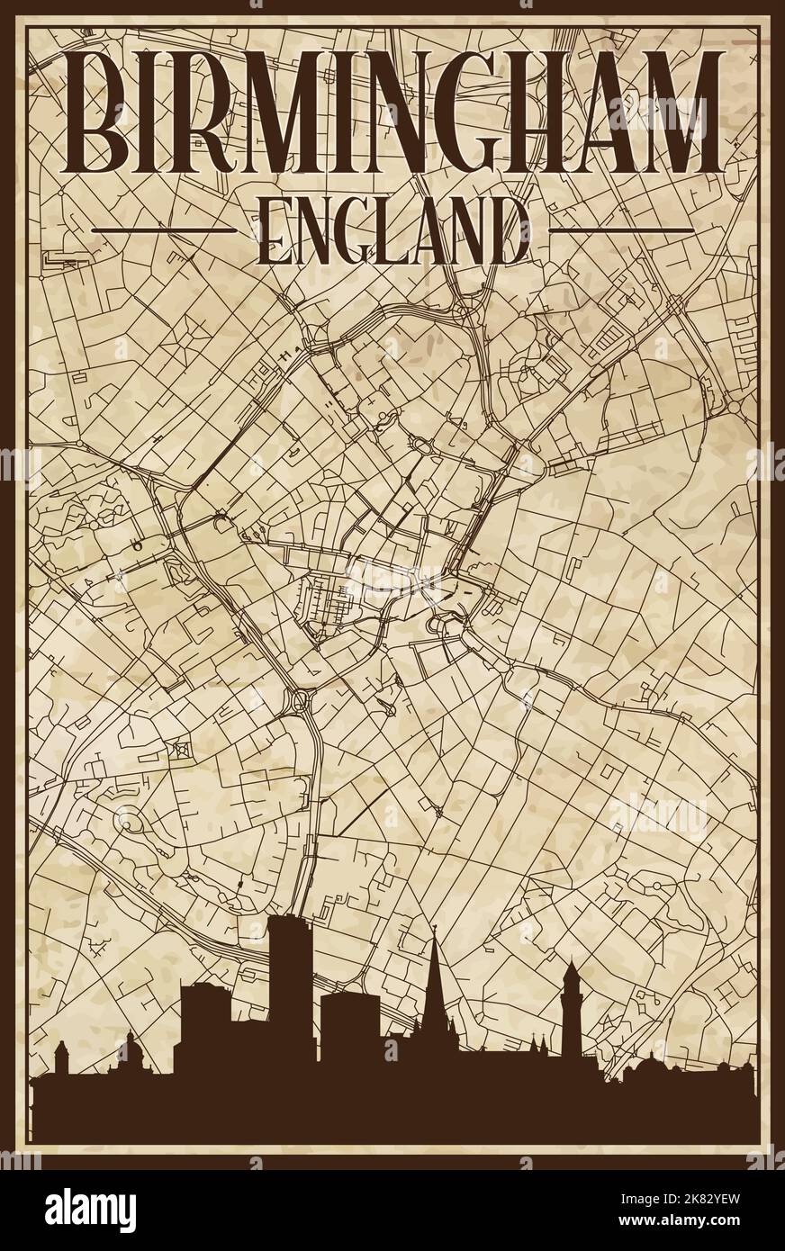 Brown vintage hand-drawn printout streets network map of the downtown ...