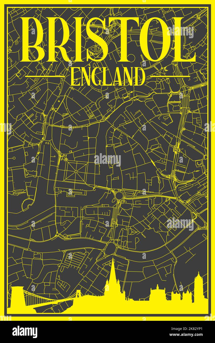 Black and yellow vintage hand-drawn printout streets network map of the ...