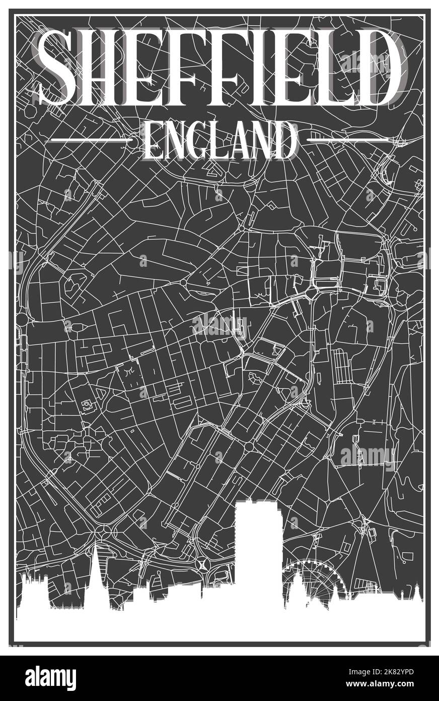Black vintage hand-drawn printout streets network map of the downtown ...
