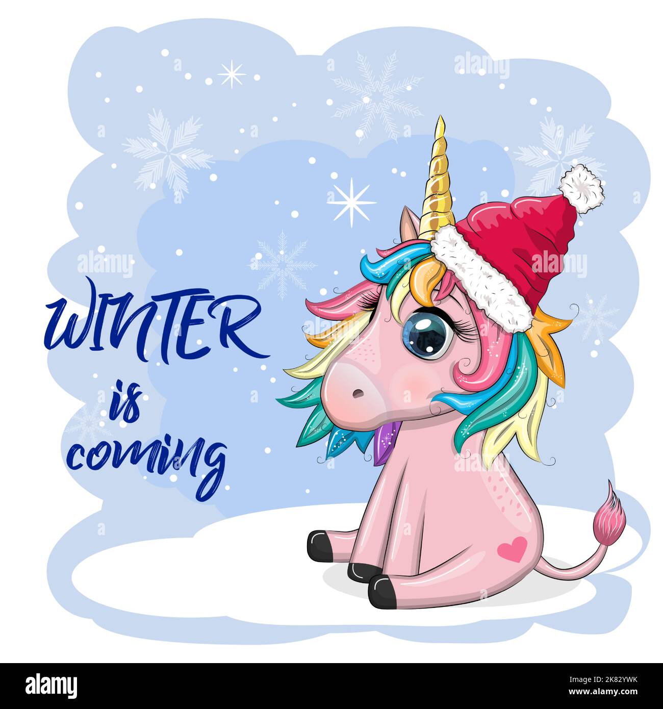 Cute cartoon unicorn in santa hat with gift, christmas ball, candy kane ...