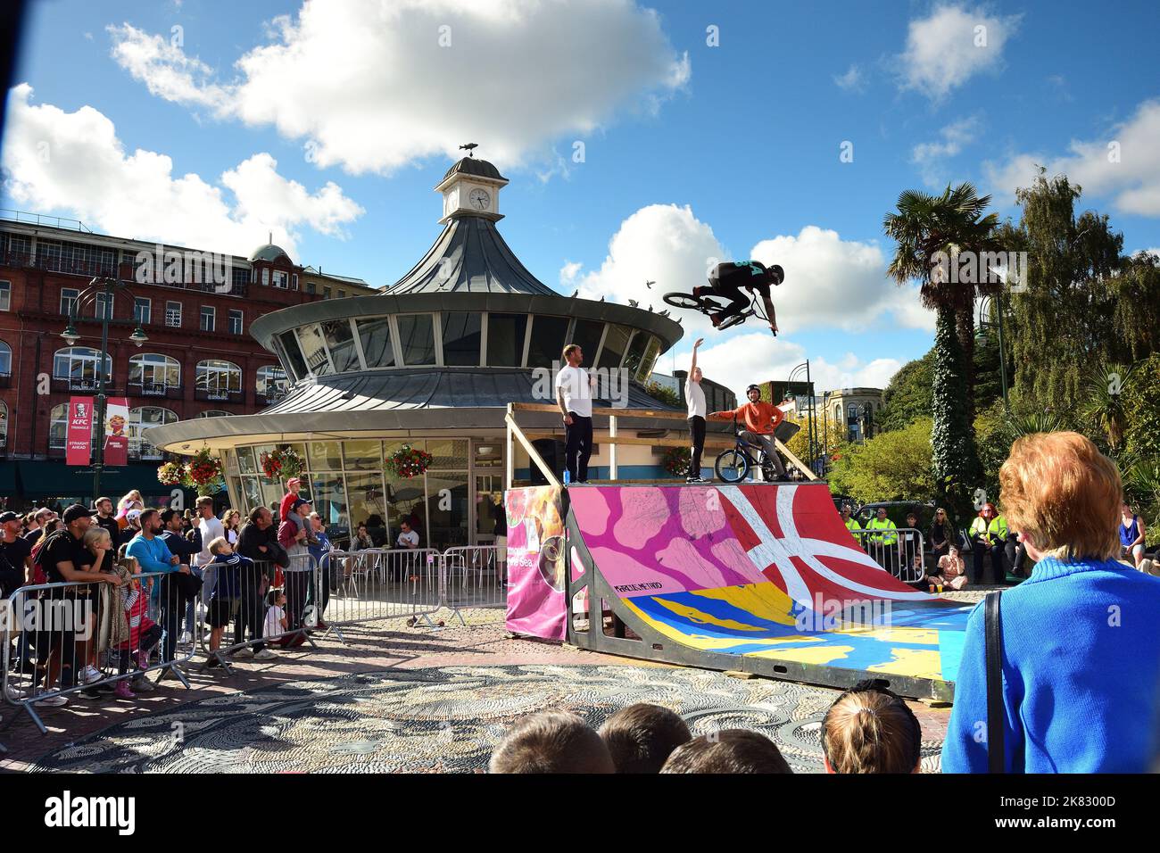 Summer time in Bournemouth Dorset UK with BMX jumping display, ramp and ...