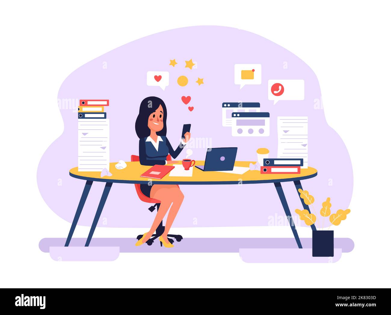 Procrastination at work. Woman employee sitting at workplace and ...